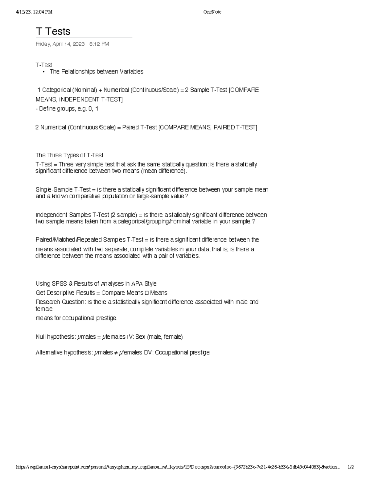 Ttests - T test basic facts - 4/15/23, 12:04 PM OneNote - Studocu