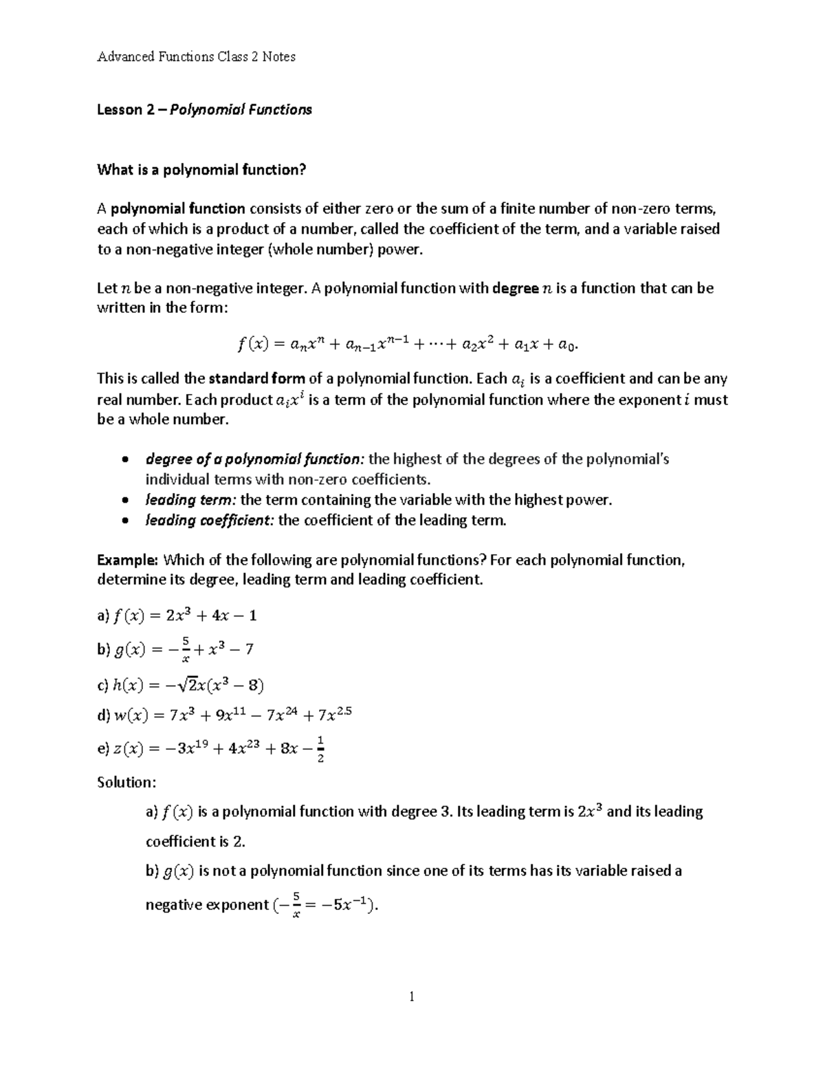 Class 02 Advanced Functions Notes Feb14-18 - Lesson 2 – Polynomial ... Class 02 Advanced Functions Notes Feb14-18 - Lesson 2 – Polynomial ...