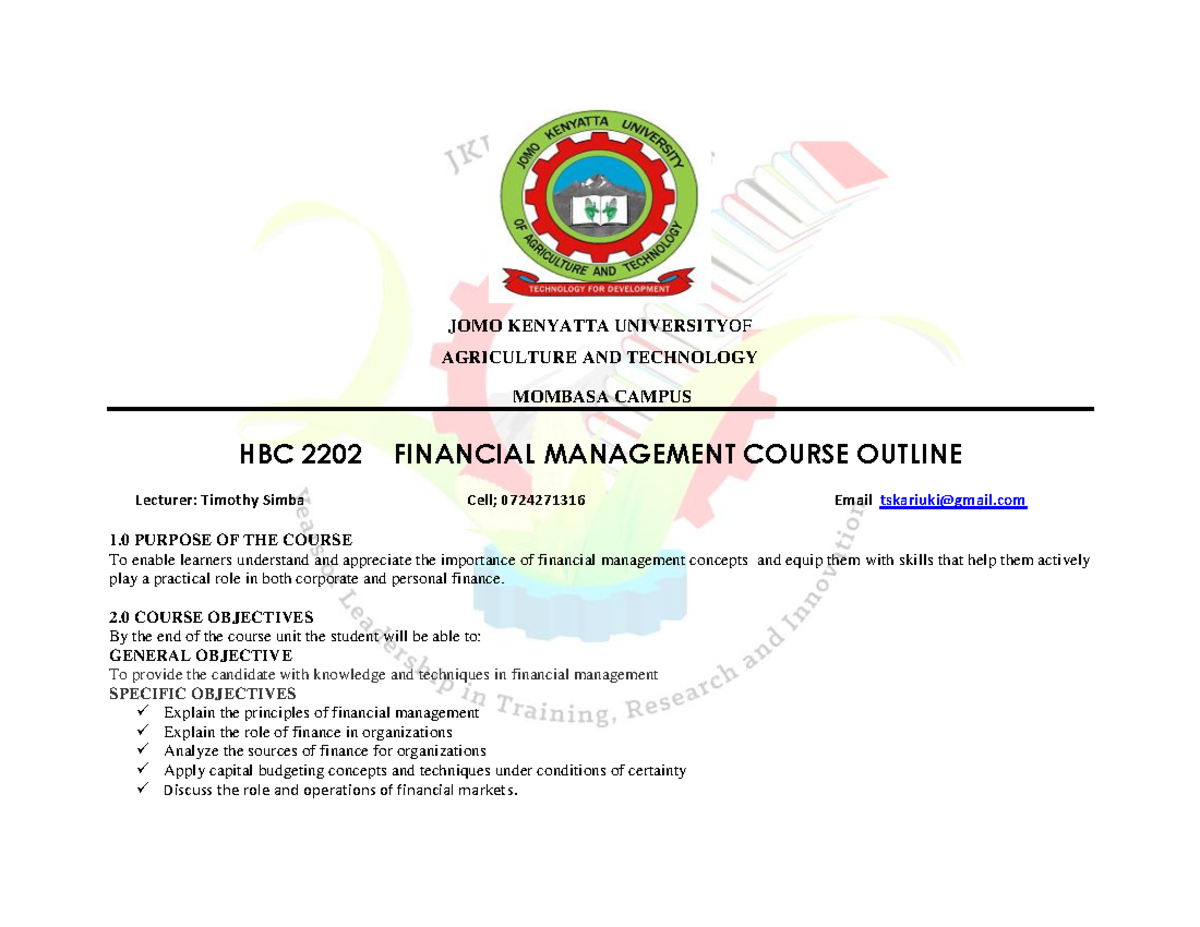 Financial management course outline - JOMO KENYATTA UNIVERSITYOF ...