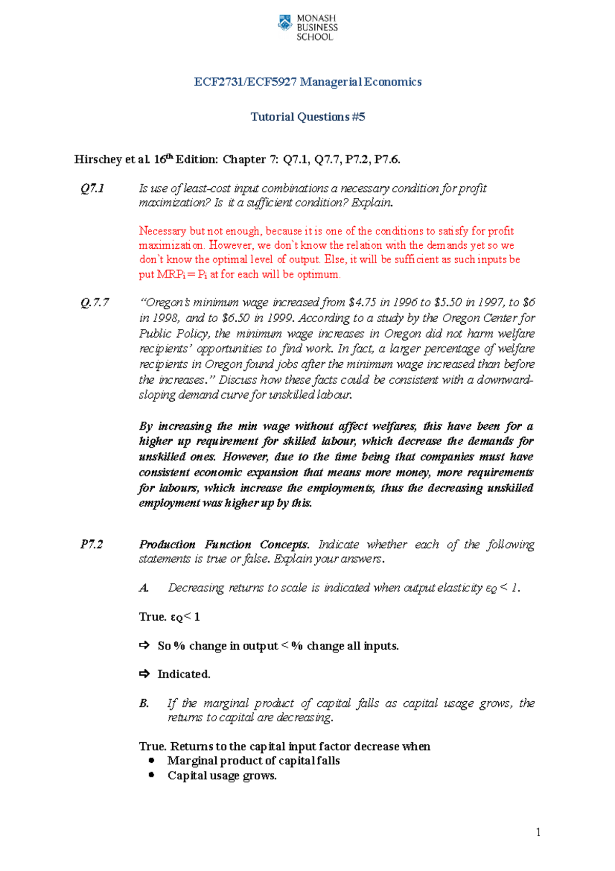 Tutorial questions #4 Prodution analysis - ECF2731/ECF5927 Managerial ...