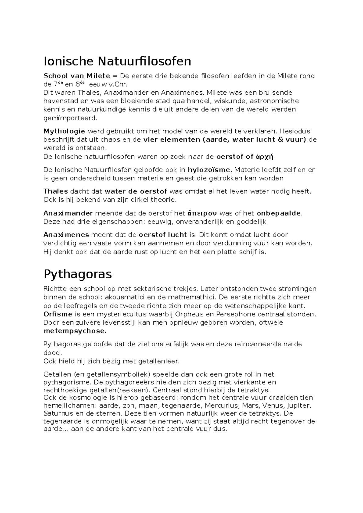 GLC Samenvatting Filosofie - Ionische Natuurfilosofen School van Milete ...