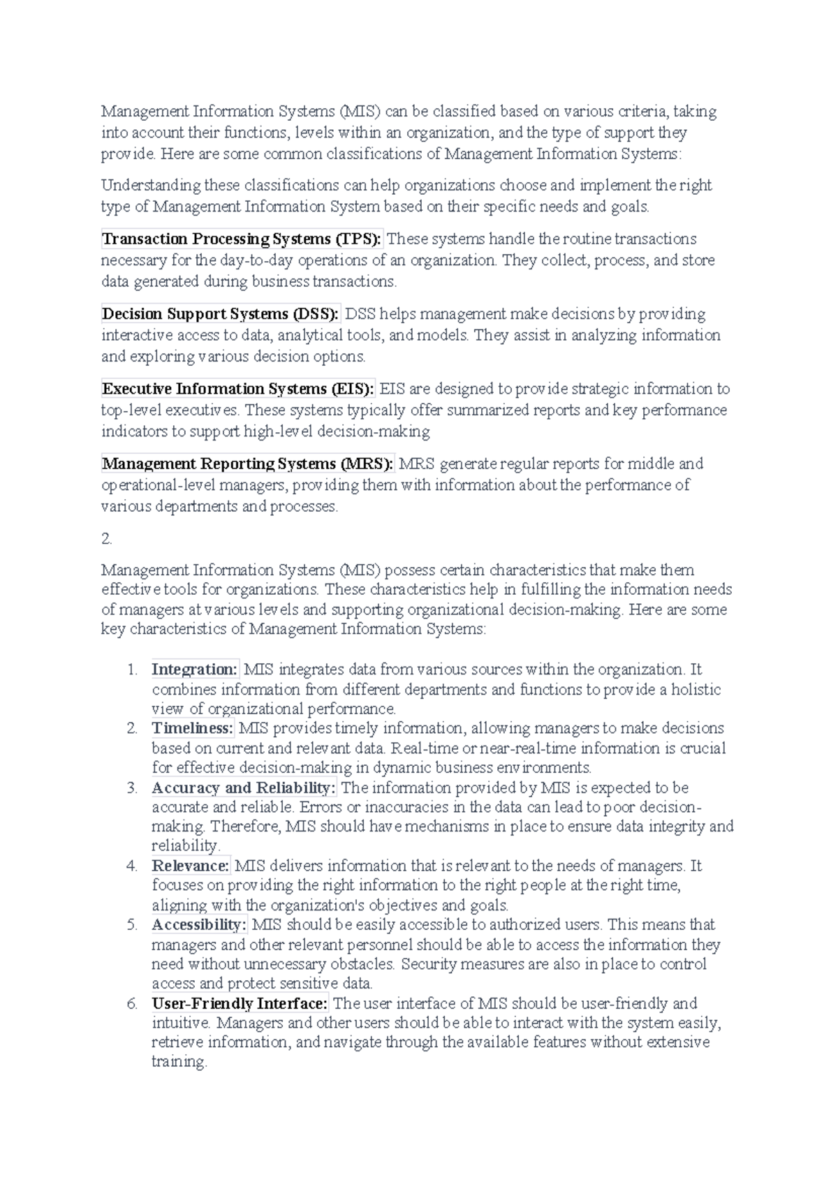 Management Information Systems - Here are some common classifications ...