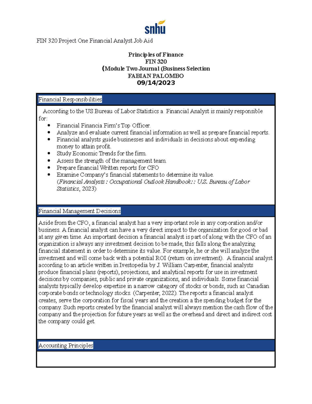 FIN 320 Project One Module 3 - FIN 320 Project One Financial Analyst ...