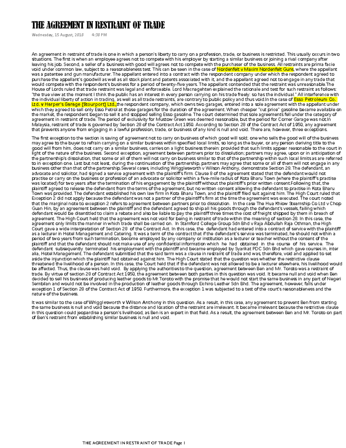 THE Agreement IN Restraint OF Trade - Contract Law - MMU - Studocu