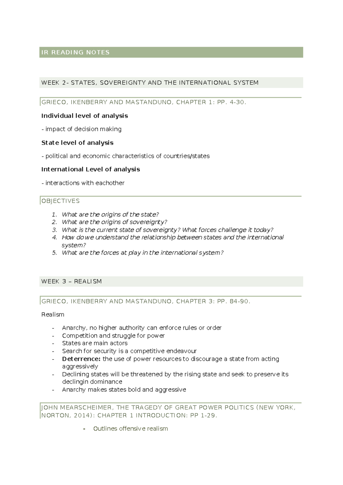 IR reading notes - IR READING NOTES WEEK 2- STATES, SOVEREIGNTY AND THE ...