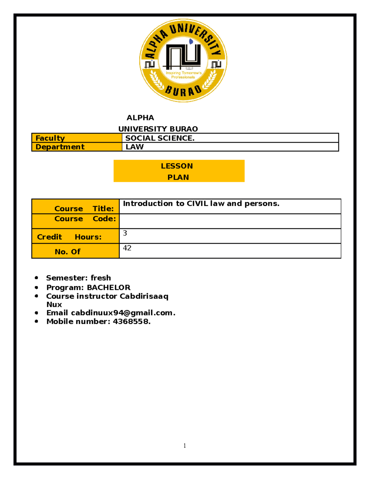 Introduction to civil law and persons.lesson plan fresh 2021 - Civil ...
