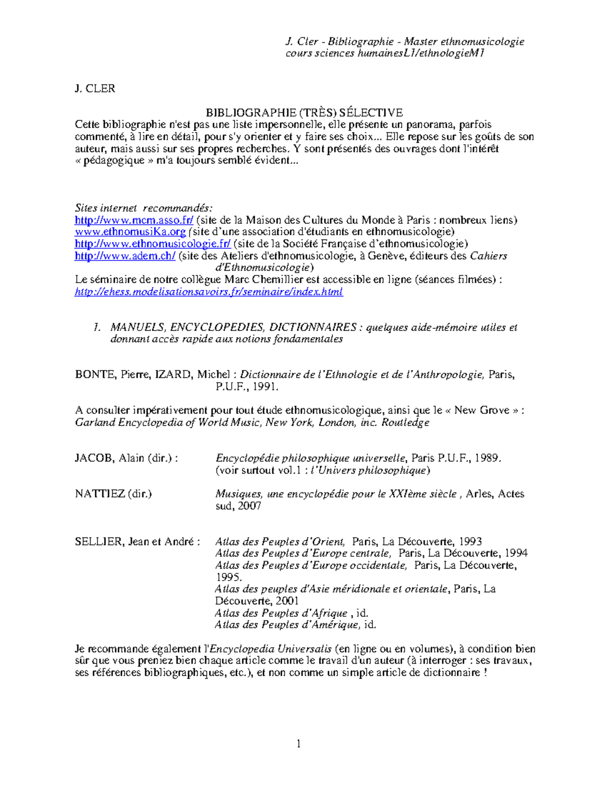 Bibliographie Sciences Humaines et Ethnologie - J. Cler - Bibliographie ...