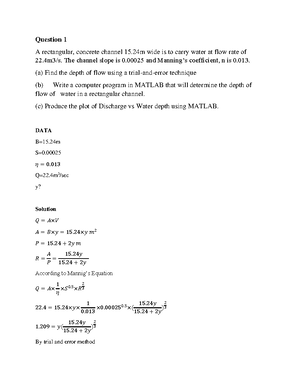 Tutorial Solution Chapter 1 Week 1 2016-17yr - Tutorial Solution of Water Engineering TUTORIAL ...