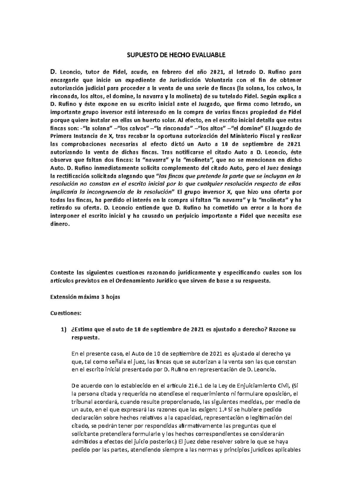 Supuesto DE Hecho Evaluable - SUPUESTO DE HECHO EVALUABLE D. Leoncio ...