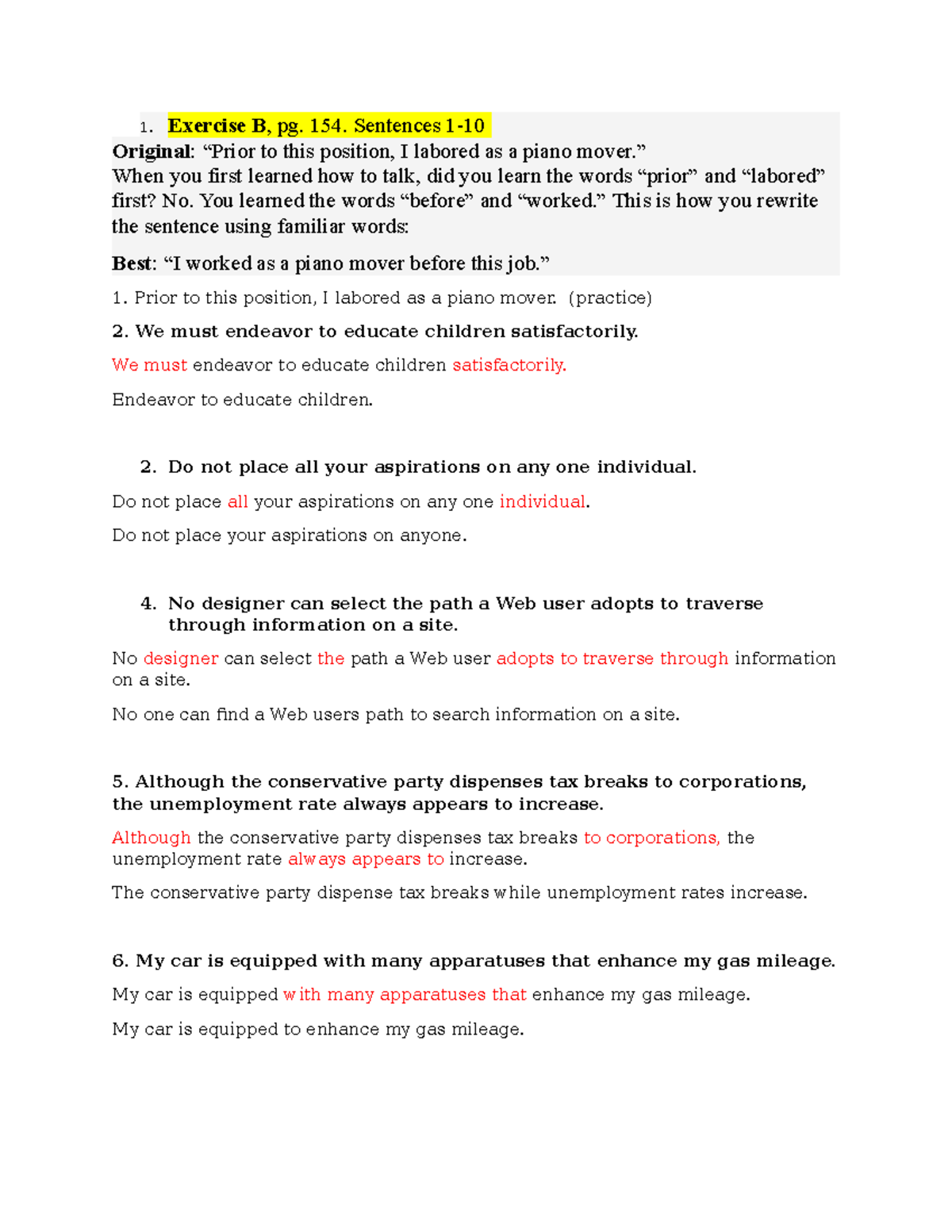 Exercise B and D - assignment - 1. Exercise B, pg. 154. Sentences 1 ...