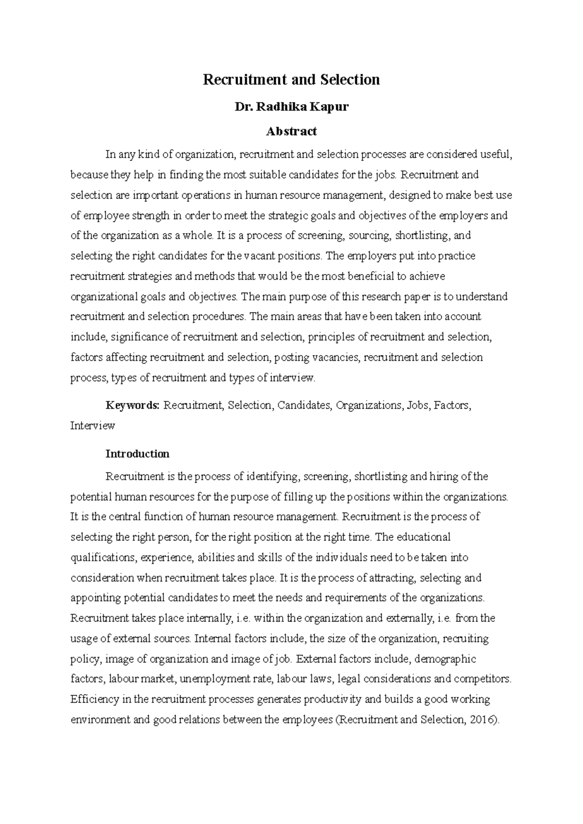Recruitmentand Selection - Recruitment and Selection Dr. Radhika Kapur ...