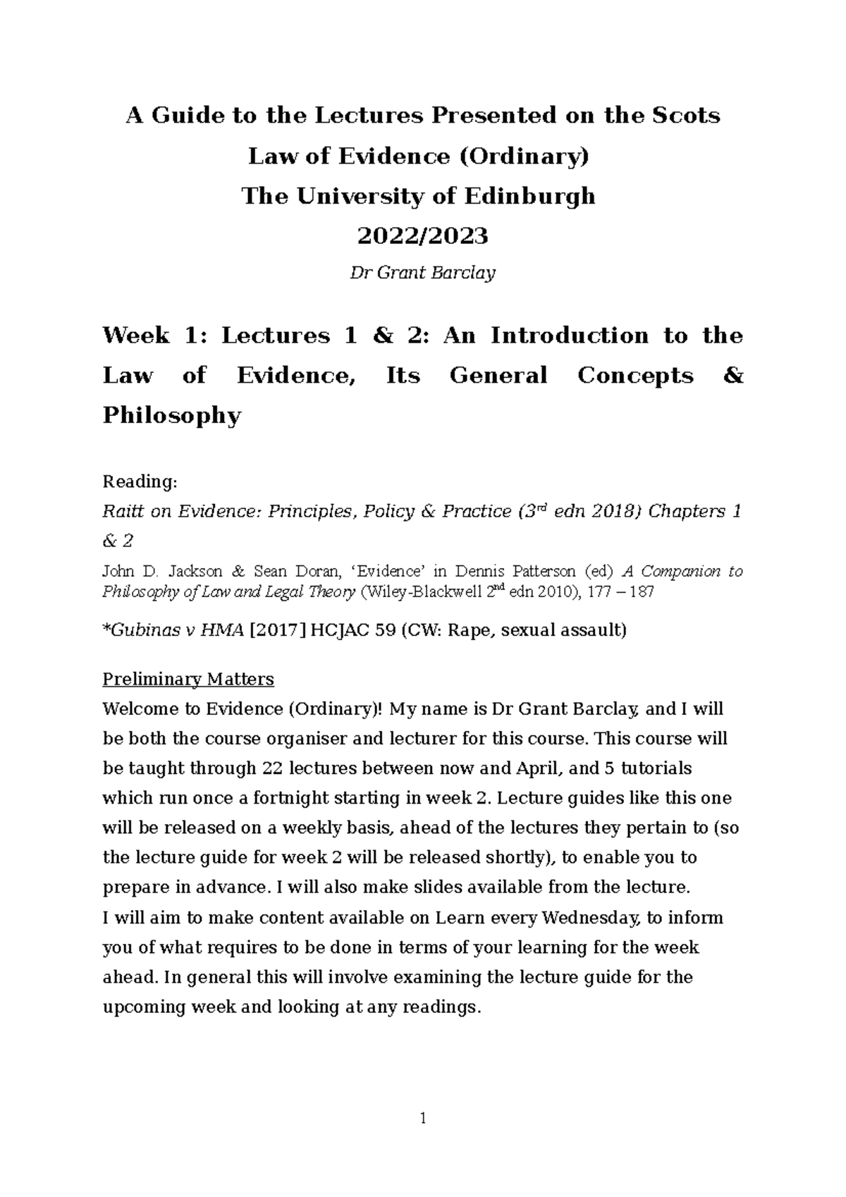 Lecture Guide - Week 1 2023 - A Guide to the Lectures Presented on the ...