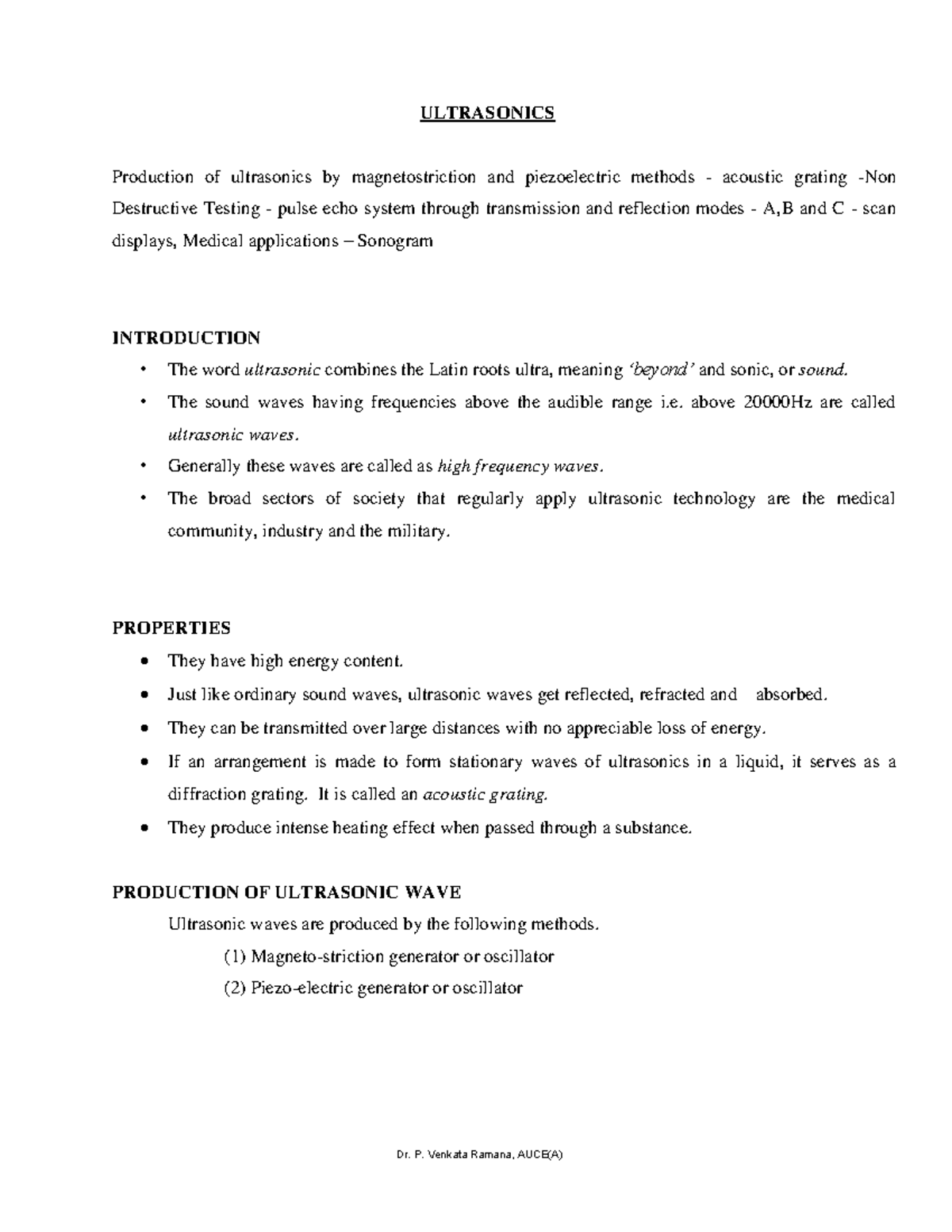 Ultrasonics - Notes - ULTRASONICS Production of ultrasonics by ...