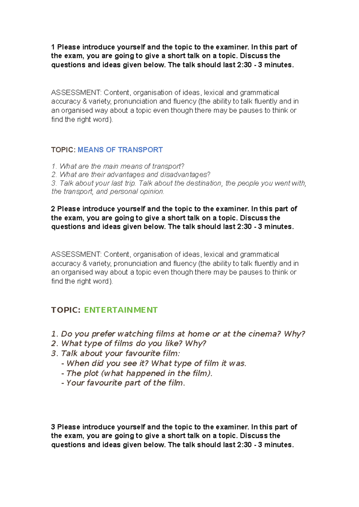 Monologues 3º - 1 Please introduce yourself and the topic to the ...