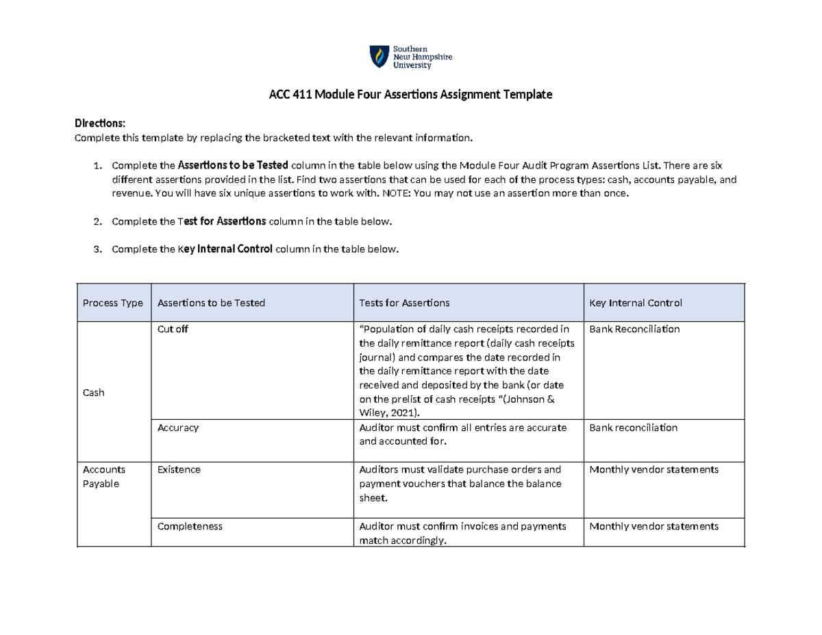 ACC 411 Module Four Assertions Assignment 4-1 - 1. Complete the ...