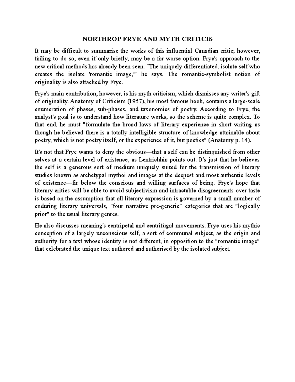 Northrop Frye and Myth Critic - Literary Theory - AMU - Studocu