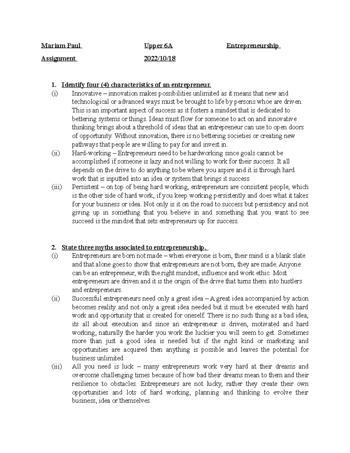 Entrepreneurship 1 Assignment - Mariam Paul Upper 6A Entrepreneurship ...