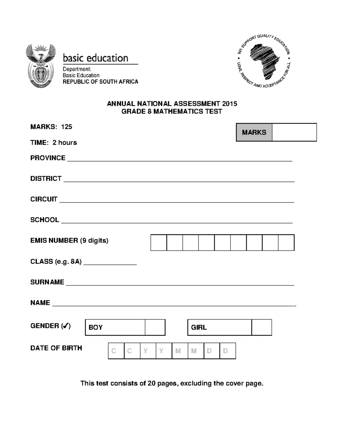 2015 ANA Gr 8 Mathematics Test - 2015 - ANNUAL NATIONAL ASSESSMENT 2015 ...