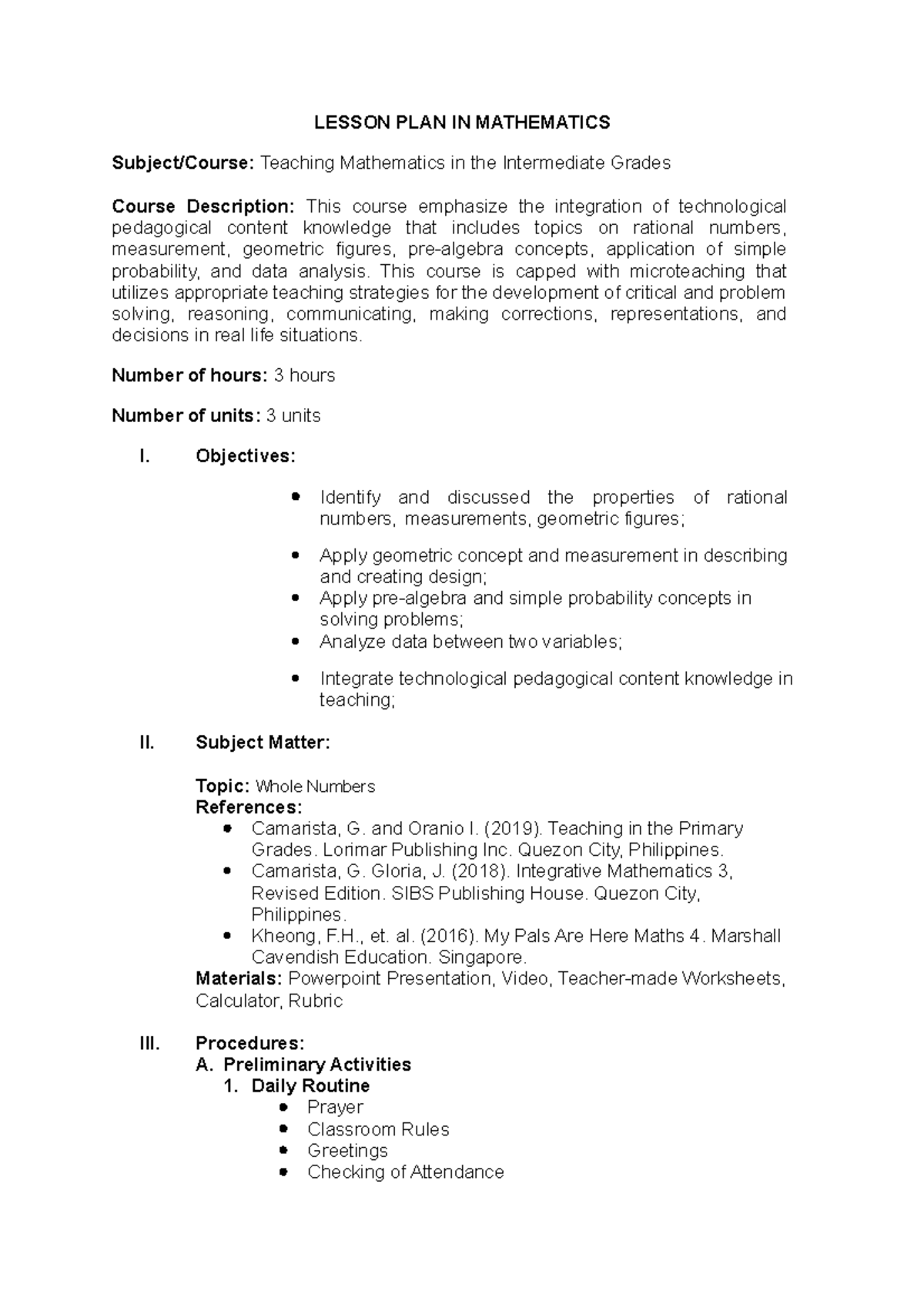 LP-1 - Lesson Plan - LESSON PLAN IN MATHEMATICS Subject/Course ...