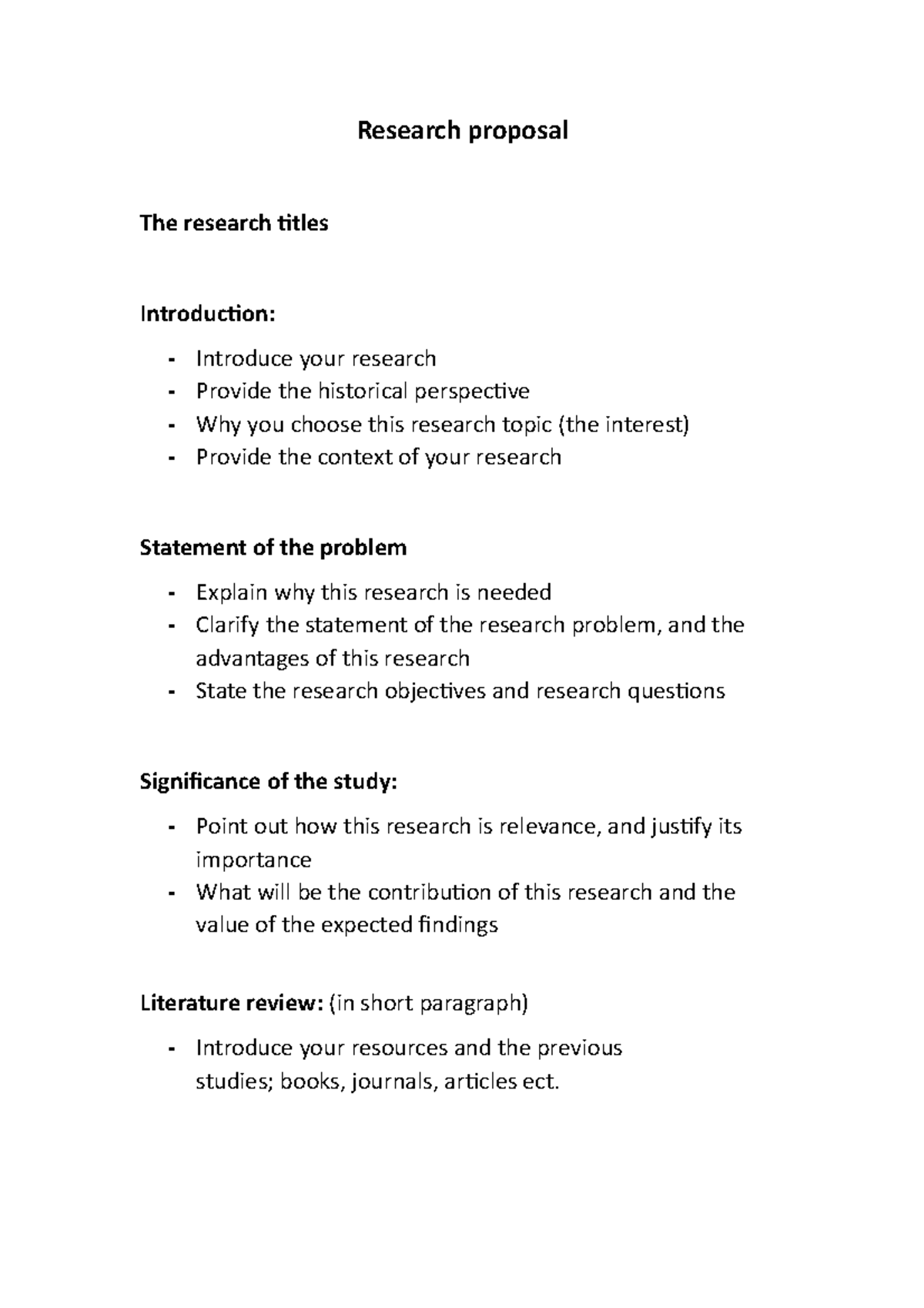 Research proposal outline - Research proposal The research titles ...