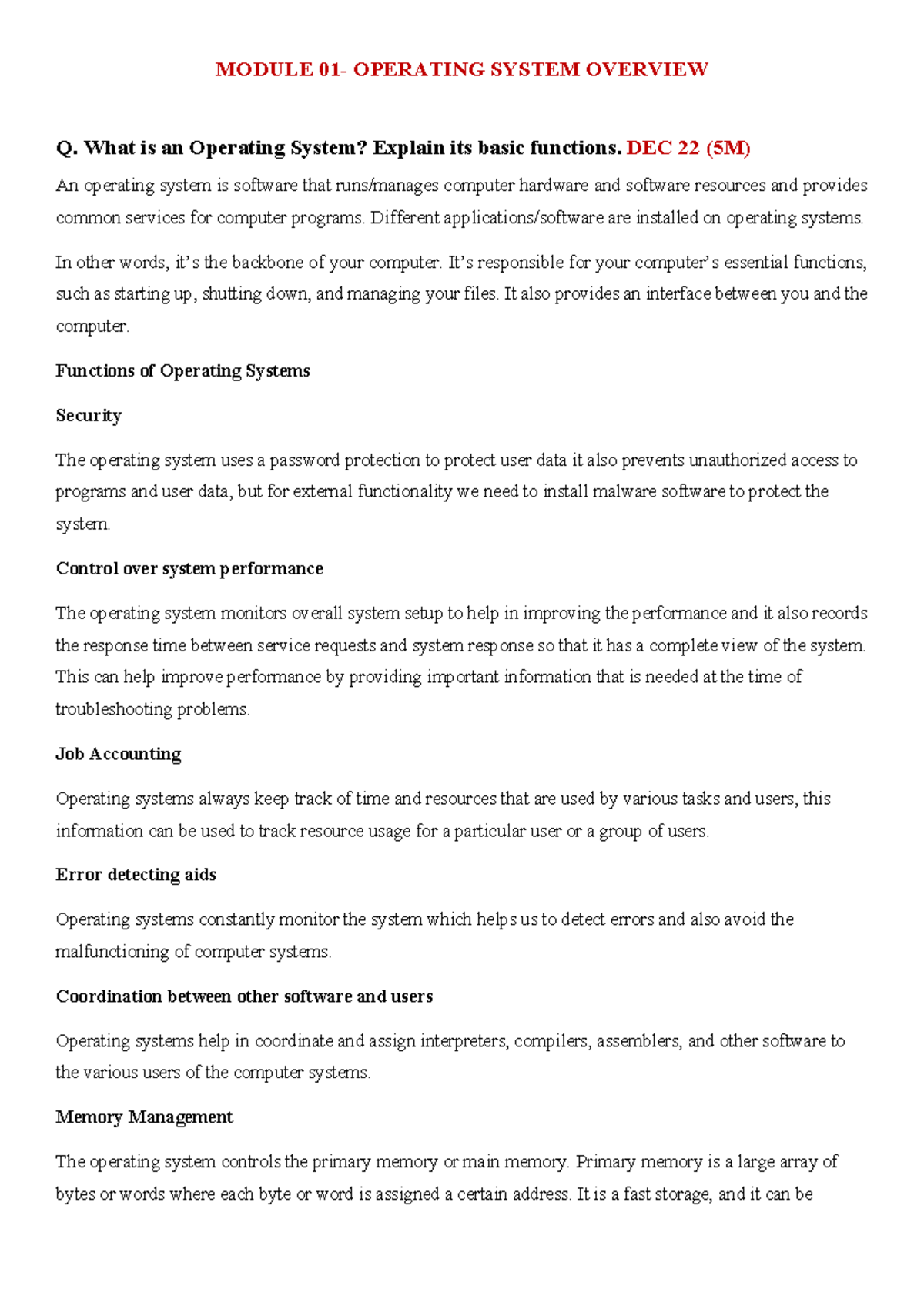 Module 01 University Questions And Answers Module 01 Operating System Overview Q What Is