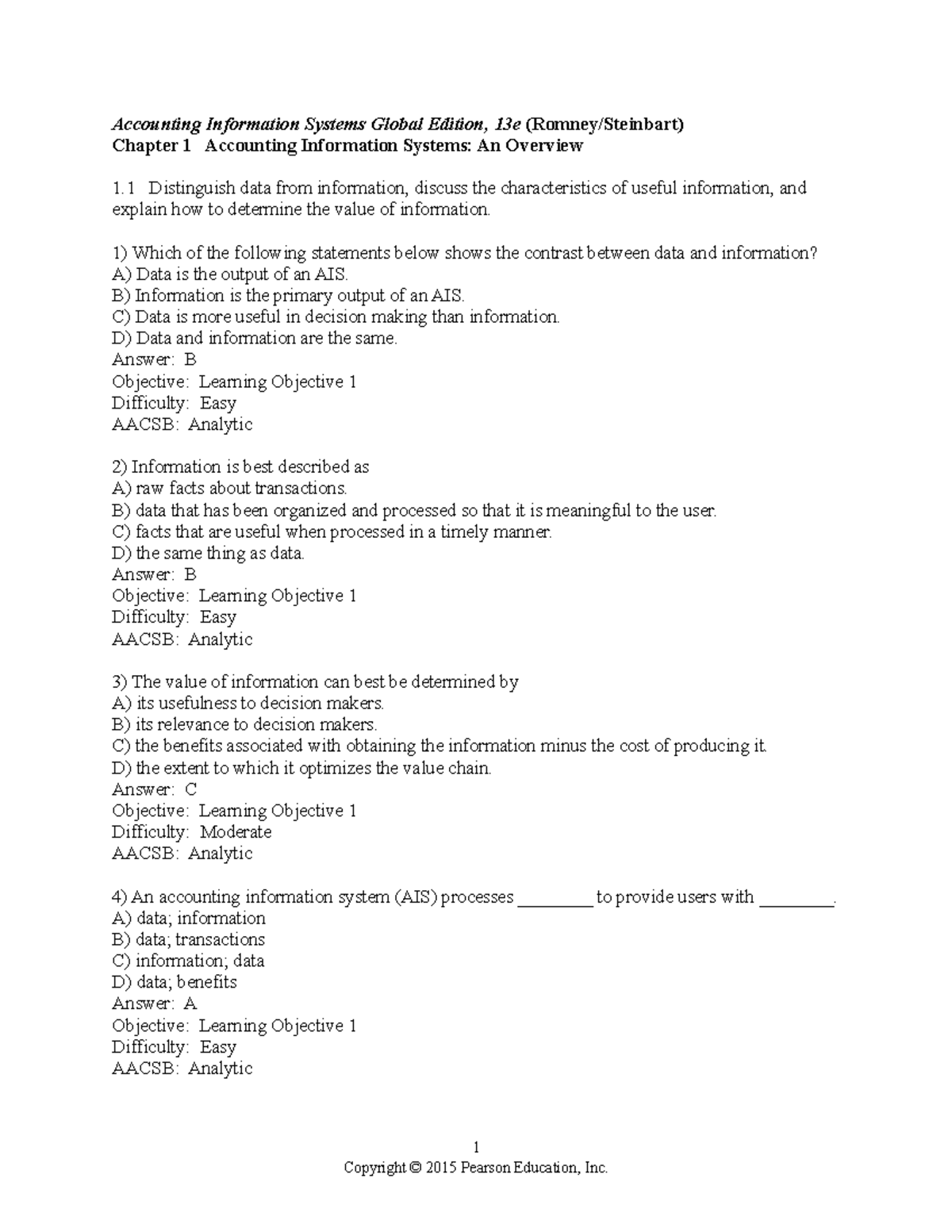 AIS TEST BANK CHAPTER 1 MCQ & T/F QUESTIONS - Accounting Information ...