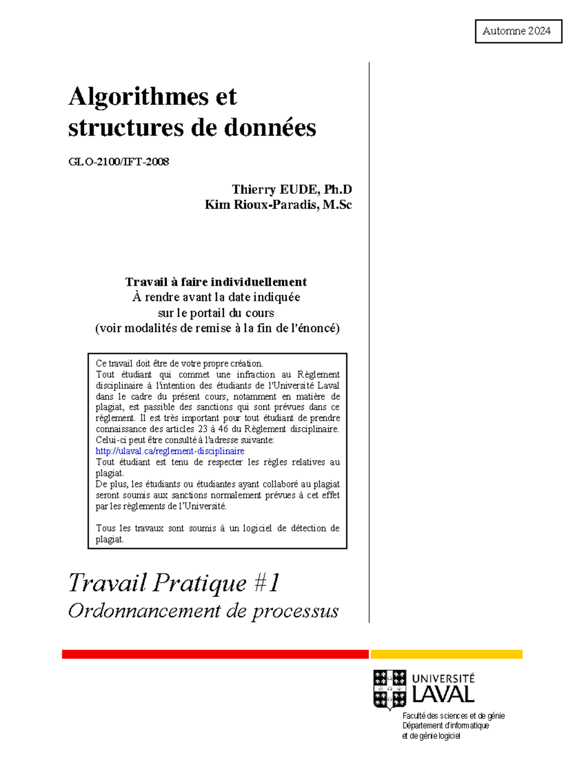 TP1 ordonnancement de processus 2 - Faculté des sciences et de génie Département d’informatique ...