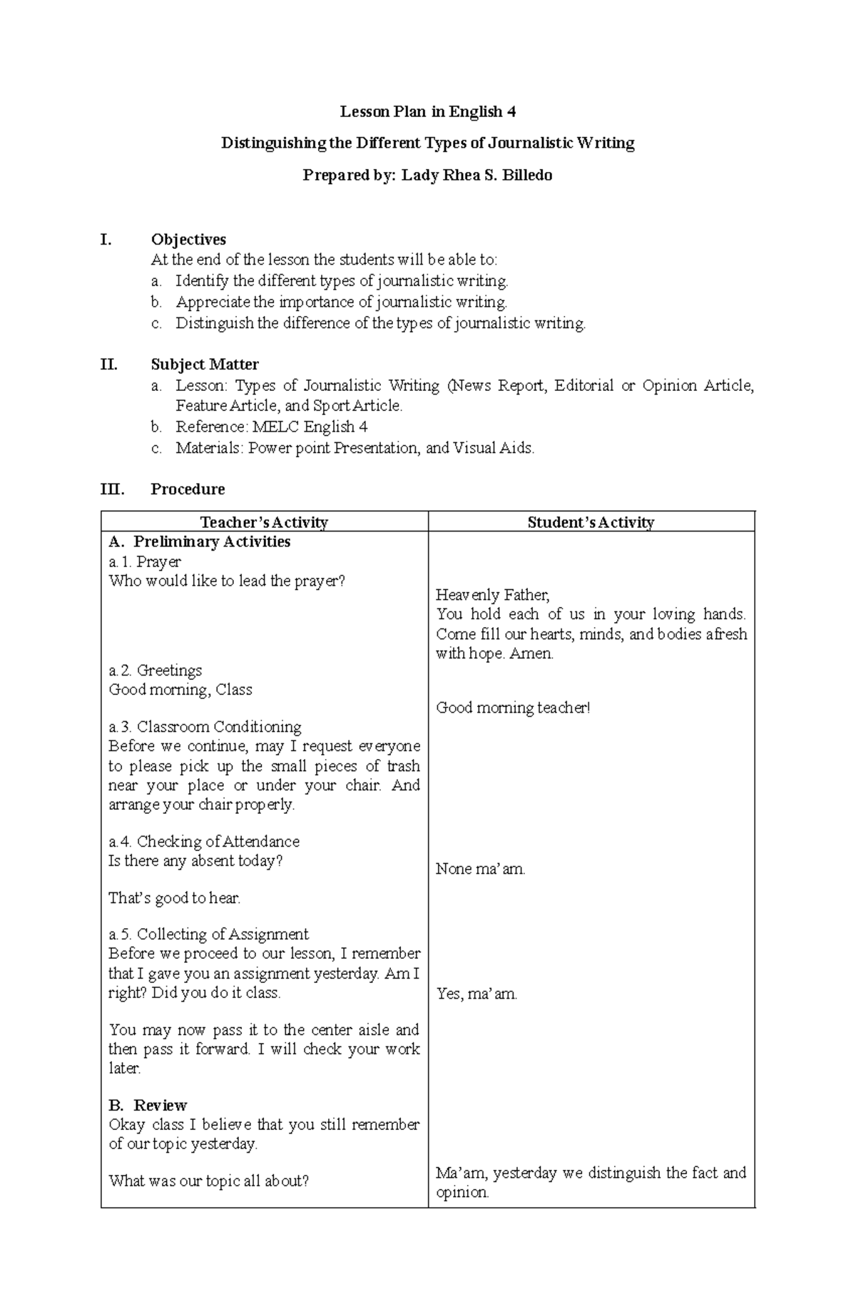 Lesson Plan in English 4 Journalistic Writing - Lesson Plan in English ...