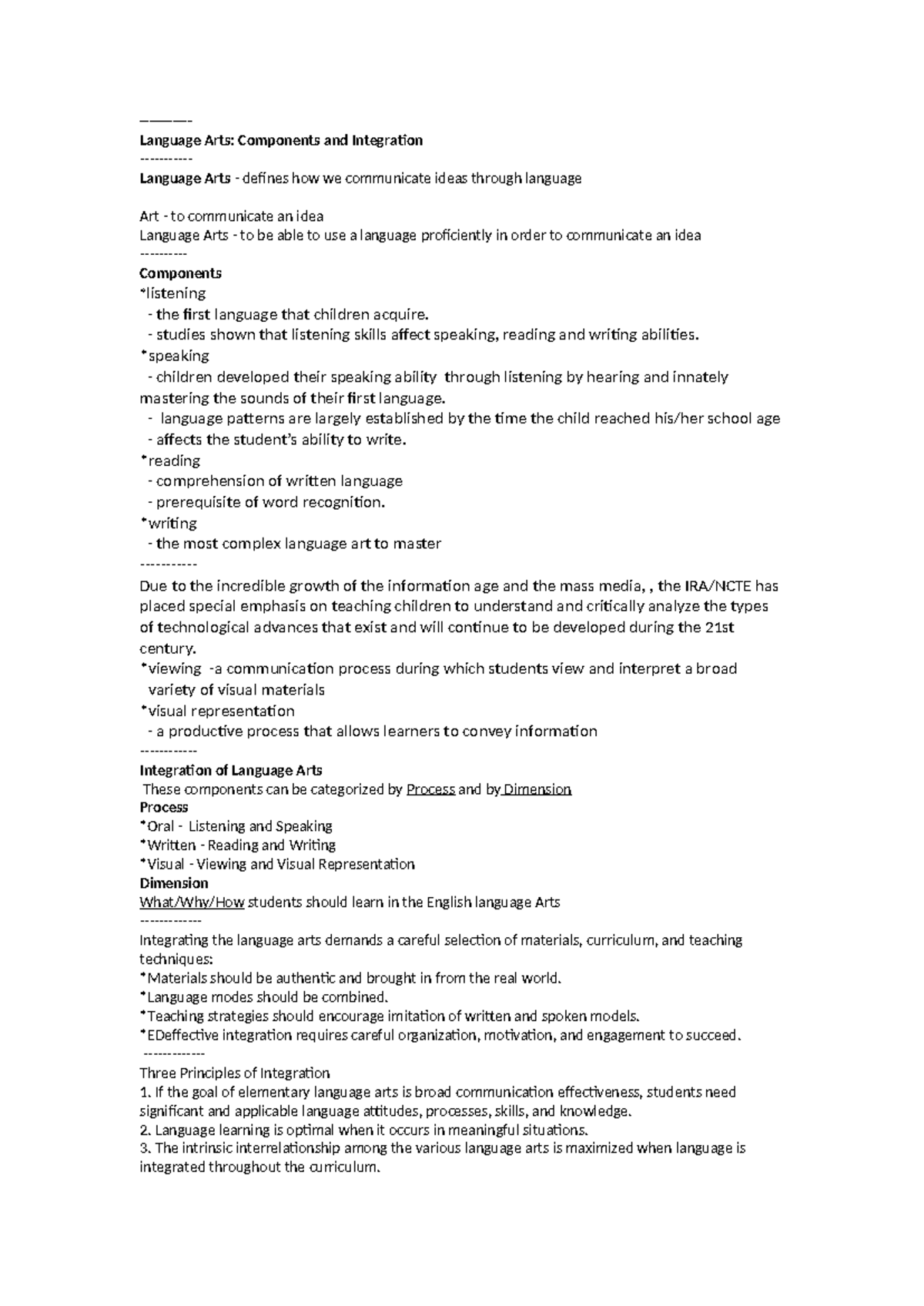 Language Arts - Summary Education English - Language Arts: Components ...