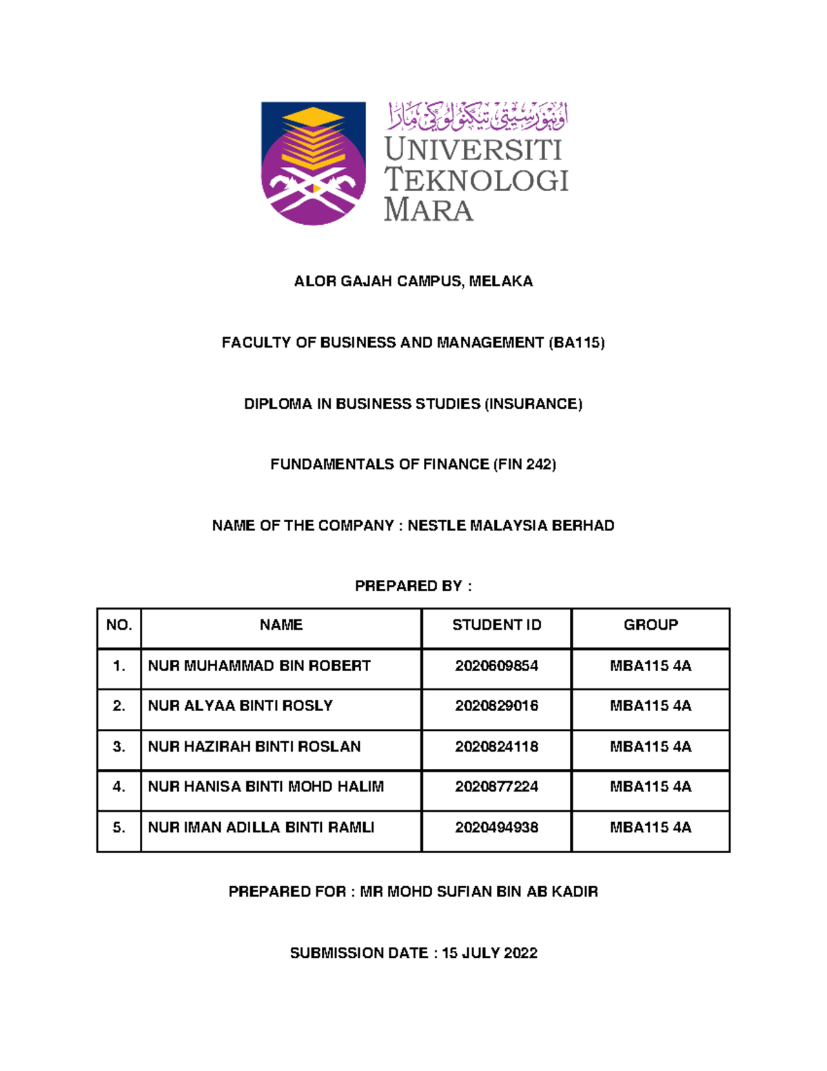 FIN242 Group 1 Written Report - ALOR GAJAH CAMPUS, MELAKA FACULTY OF ...