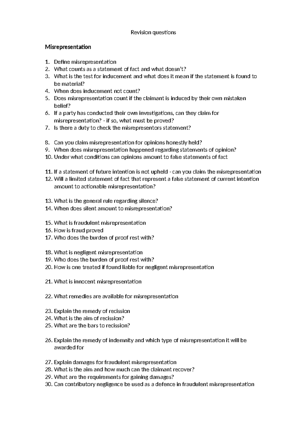 Contract - Revision questions - Revision questions Misrepresentation ...