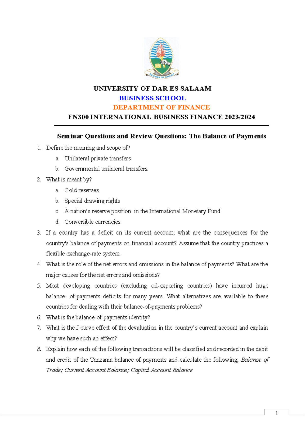 Set III - EXERCISES - 1 UNIVERSITY OF DAR ES SALAAM BUSINESS SCHOOL ...