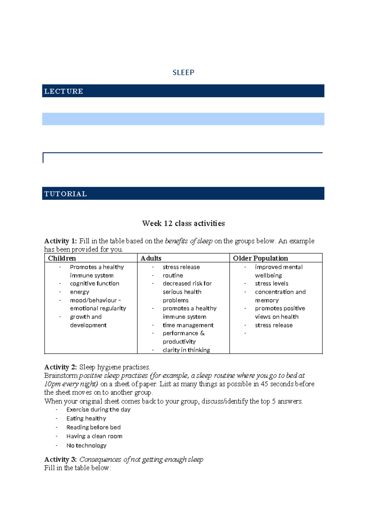 W12 - Sleep - notes - SLEEP LECTURE TUTORIAL Week 12 class activities ...