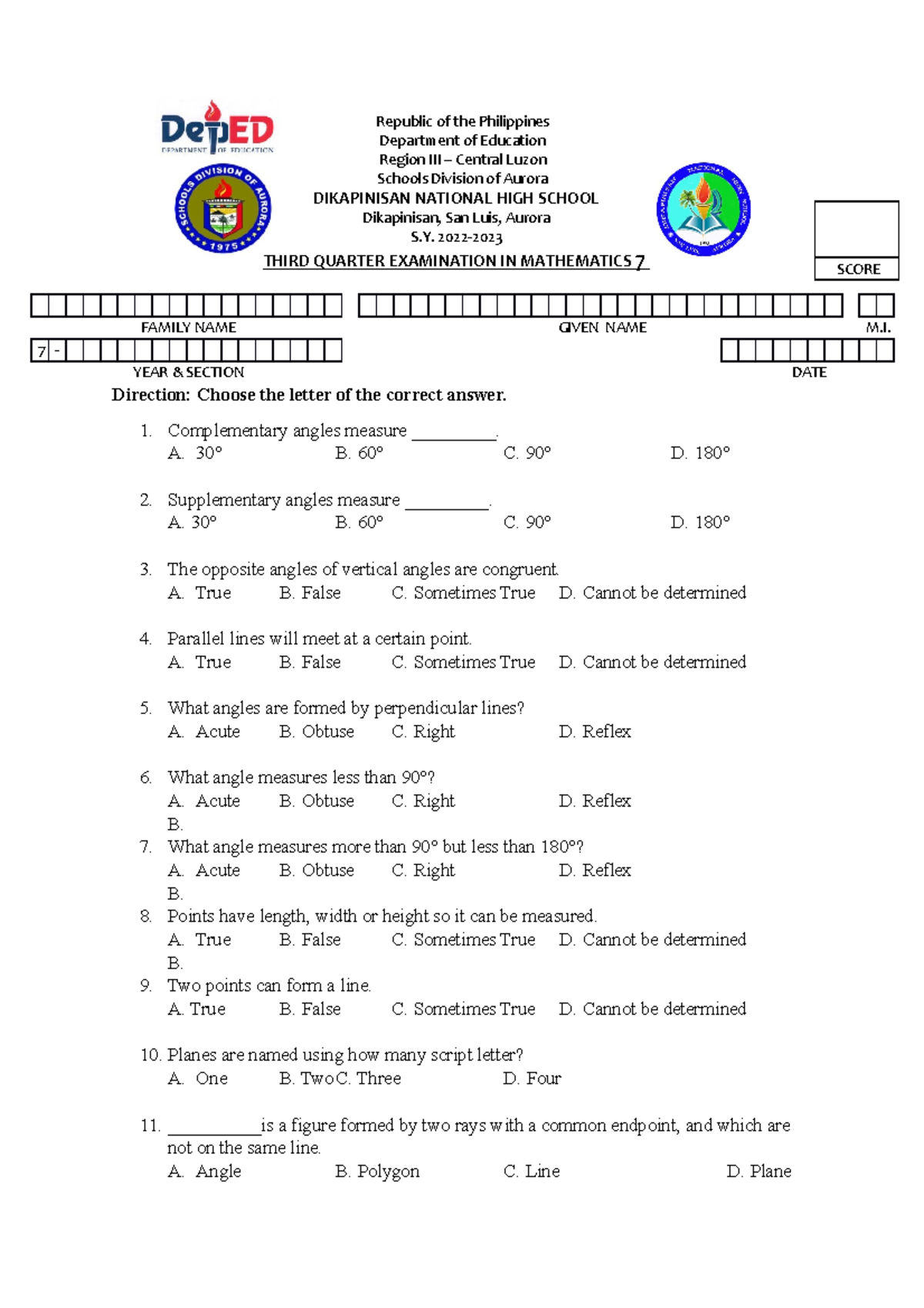 Q3- MATH 7 exam - examination - Republic of the Philippines Department ...