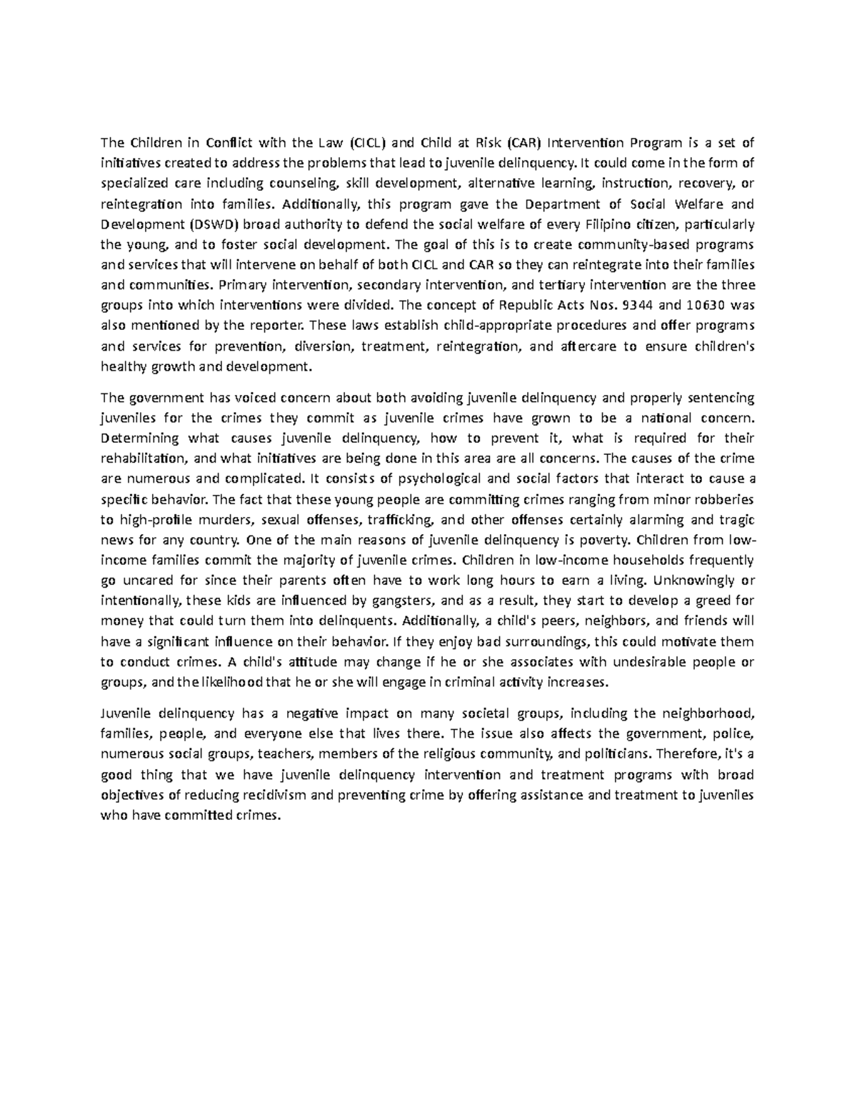 The intervention program - The Children in Conflict with the Law (CICL ...