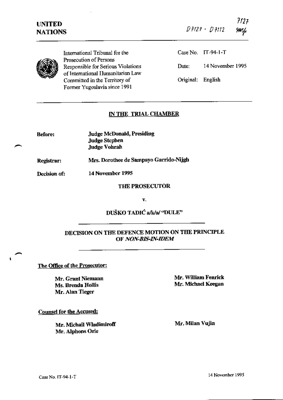 06. Prosecutor v Tadic Ì - UNITED 7127 NATIONS D7127 D7112 my ...