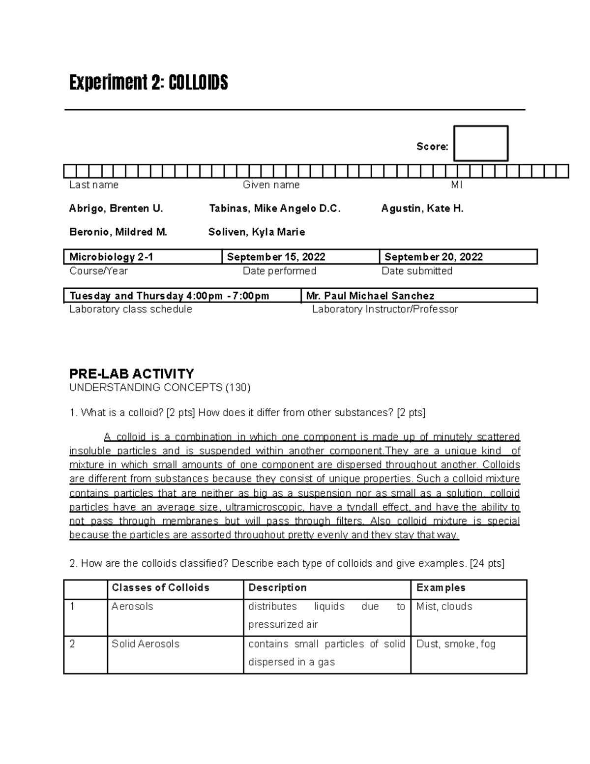 Experiment 2 Colloids - Answers to activity questions and observations ...