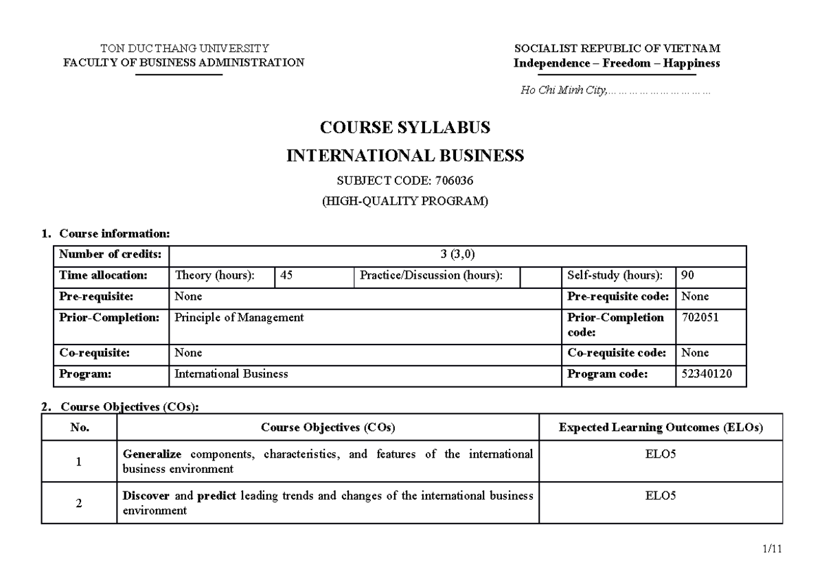 Course syllabus of International Business (Business Administration ...