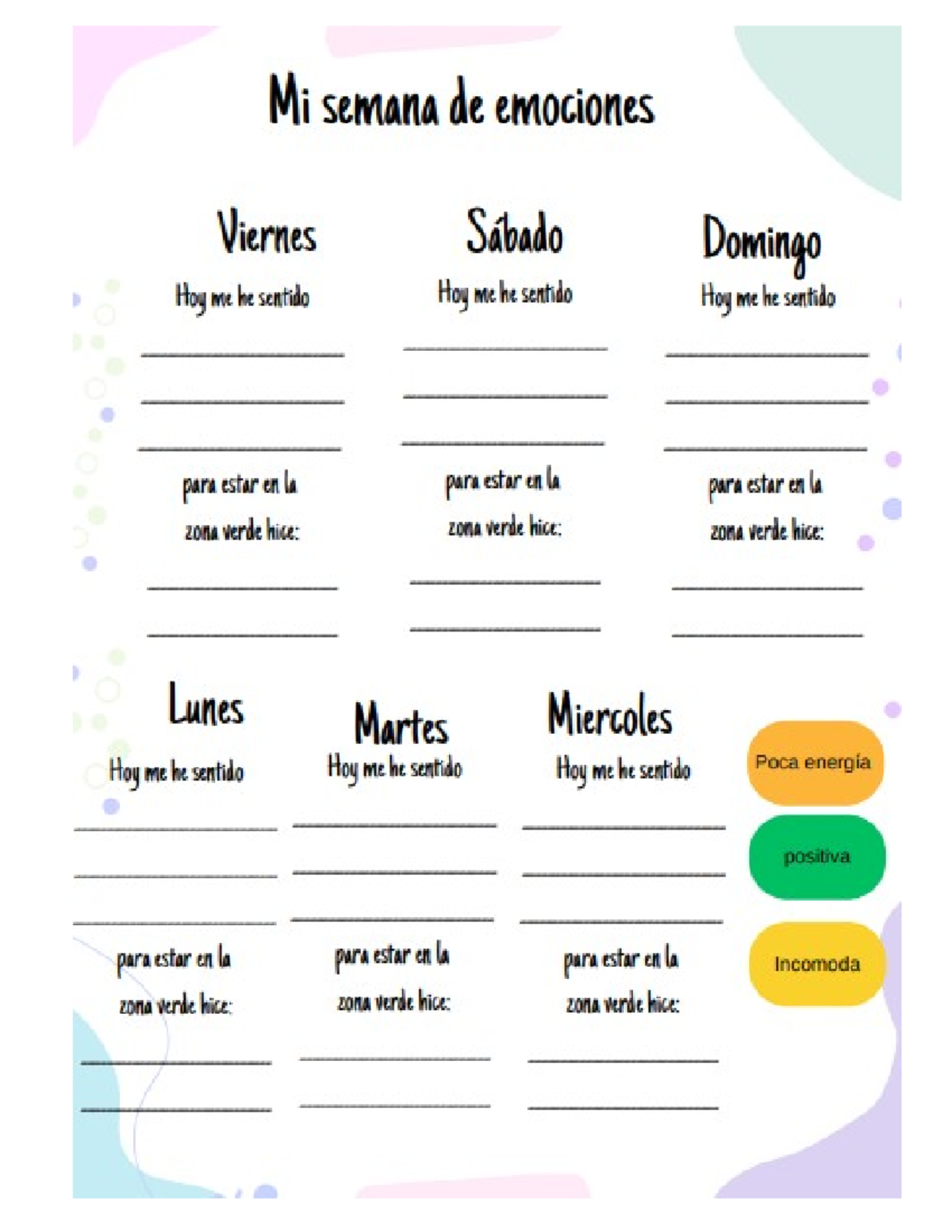 Tarea de cuaderno de emociones - Mi semana de emociones Viernes Sábado ...