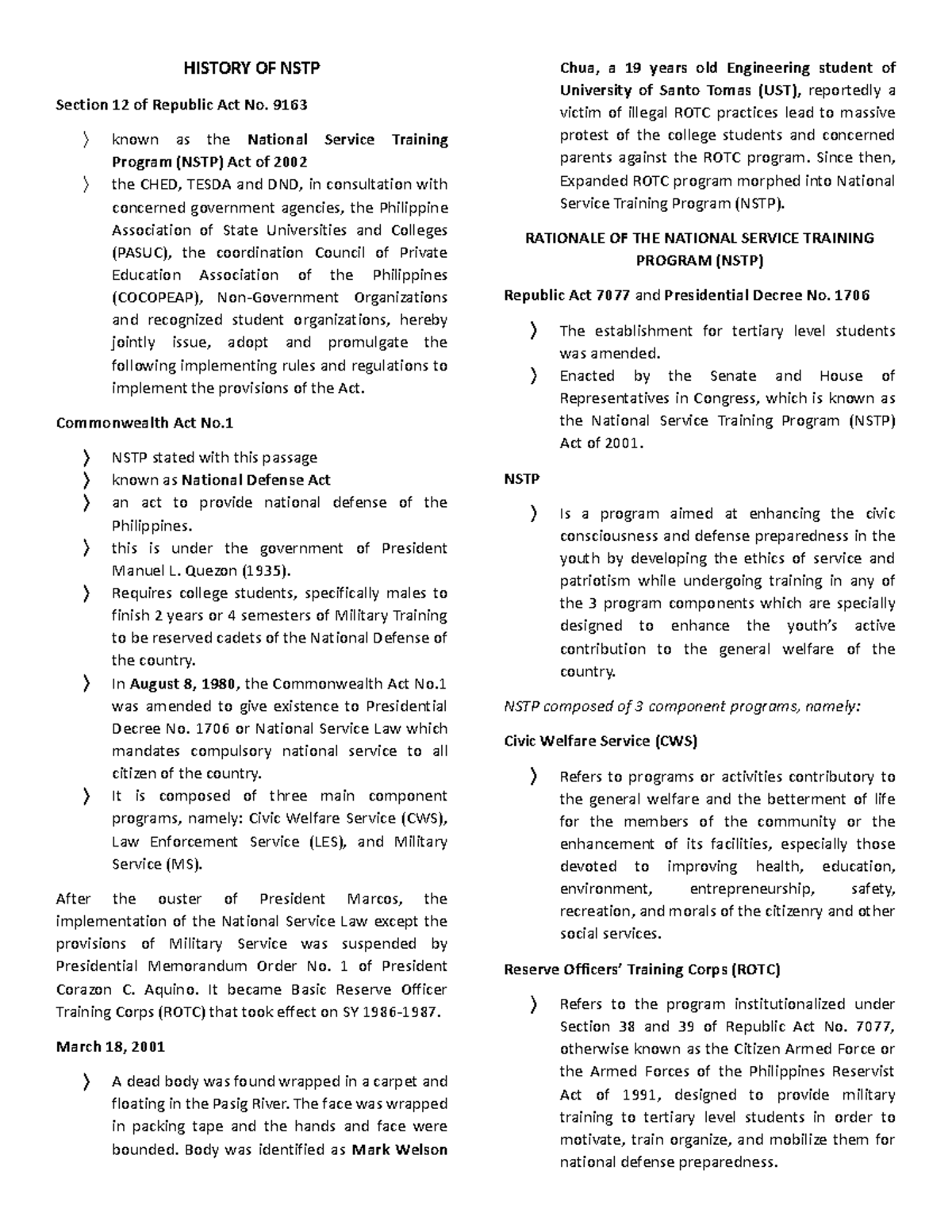 Lesson 1 - 2 (History and IRR of the NSTP) - HISTORY OF NSTP Section 12 ...