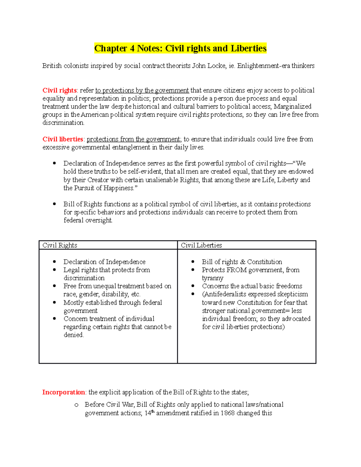 Lesson 8 Notes Civil Rights and Liberties - Chapter 4 Notes: Civil ...