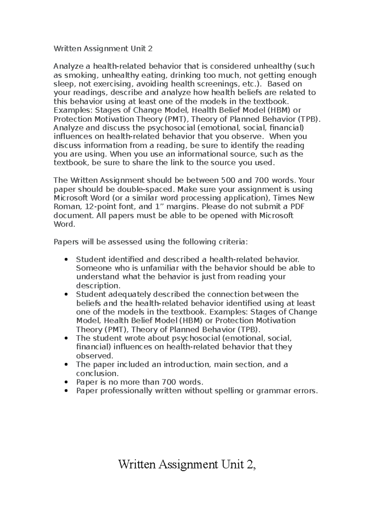 Written Assignment Unit 2 - ). Based on your readings, describe and analyze how health beliefs ...