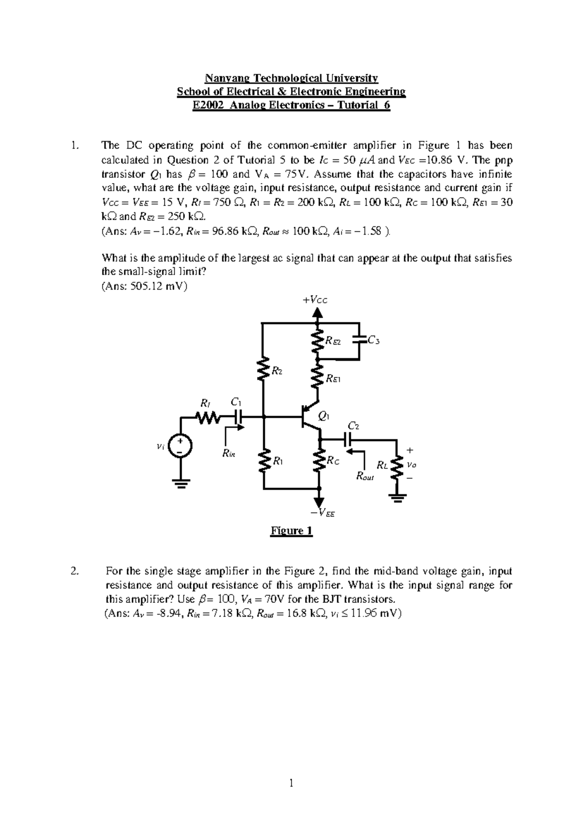 Tutorial 6 - sol - 1 Nanyang Technological University School of Electrical & Electronic - Studocu