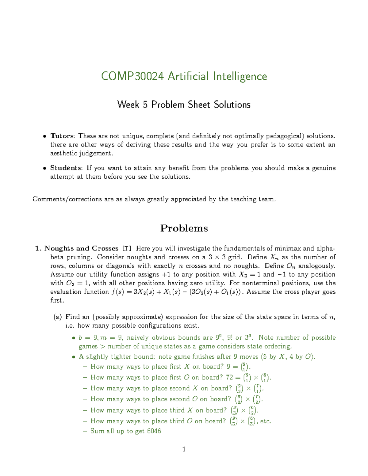 AI week5 solutions - COMP30024 Artificial Intelligence Week 5 Problem Sheet Solutions Tutors ...