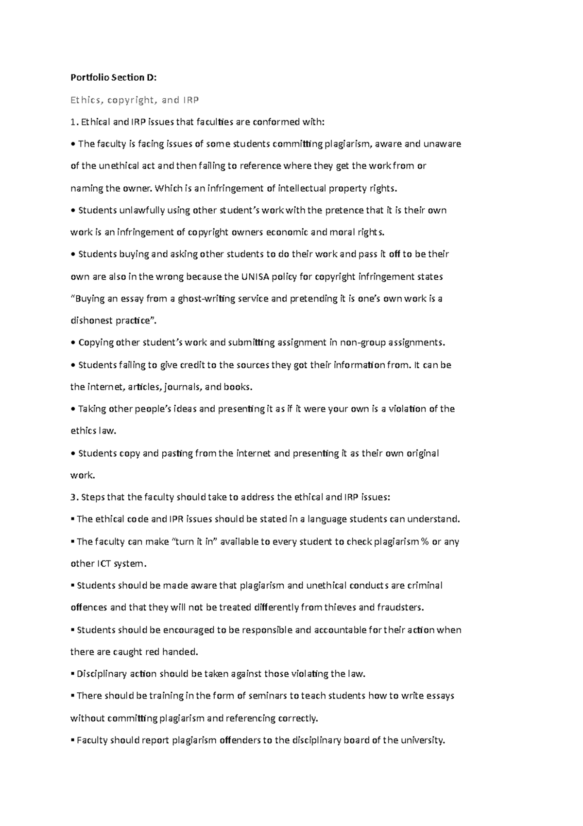 Section D EUP ASSIGNMENT PORTFOLIO 2021 - Portfolio Section D: Ethics ...