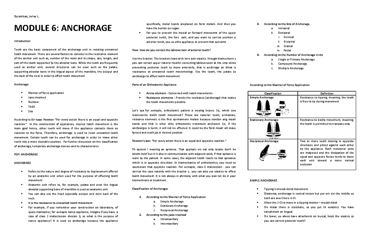 Module 6 Ortho LEC - Quiambao, Jerley L. MODULE 6: ANCHORAGE ...
