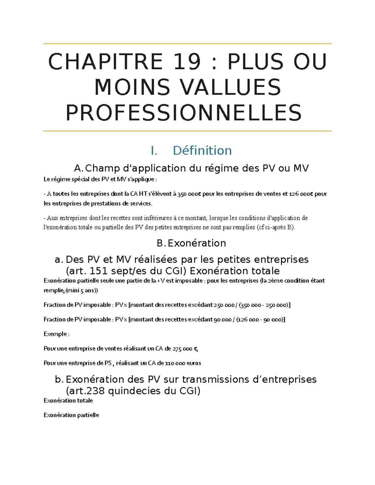 Plus ou moins-values professionnelles - CHAPITRE 19 : PLUS OU MOINS ...