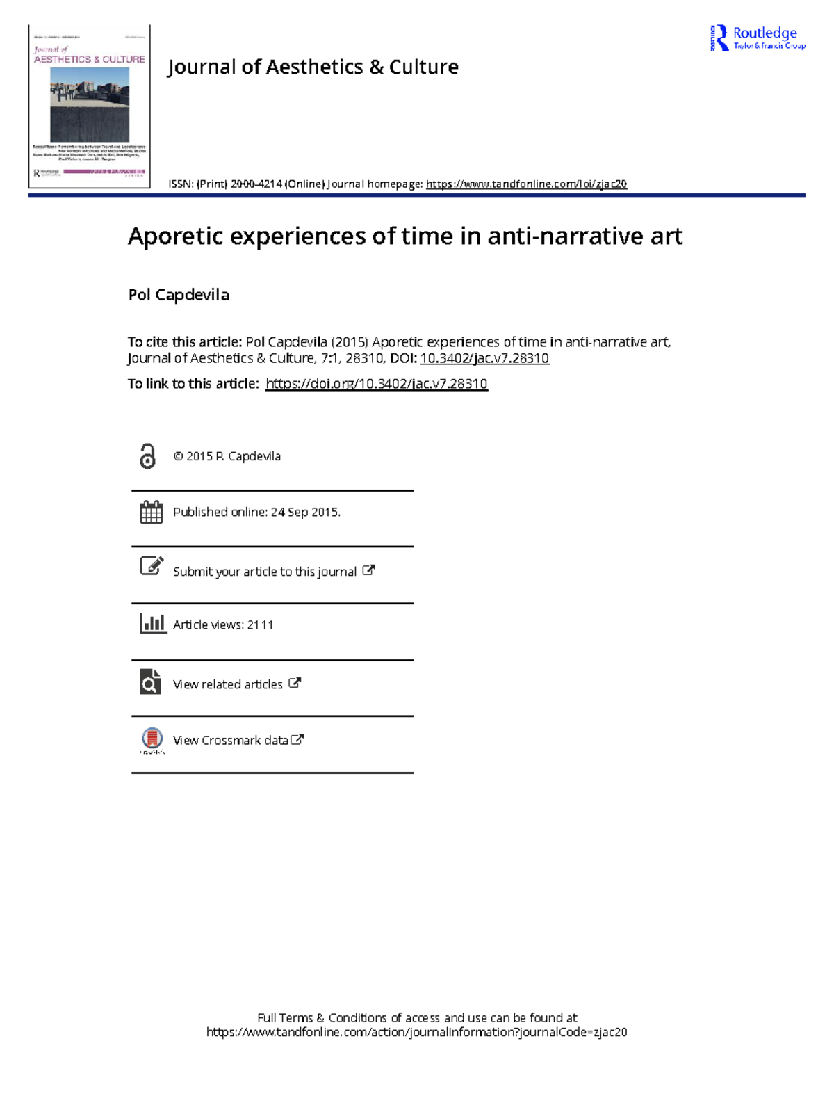 Aporetic experiences of time in anti-narrative art - 3402/jac. To link to this article: - Studocu
