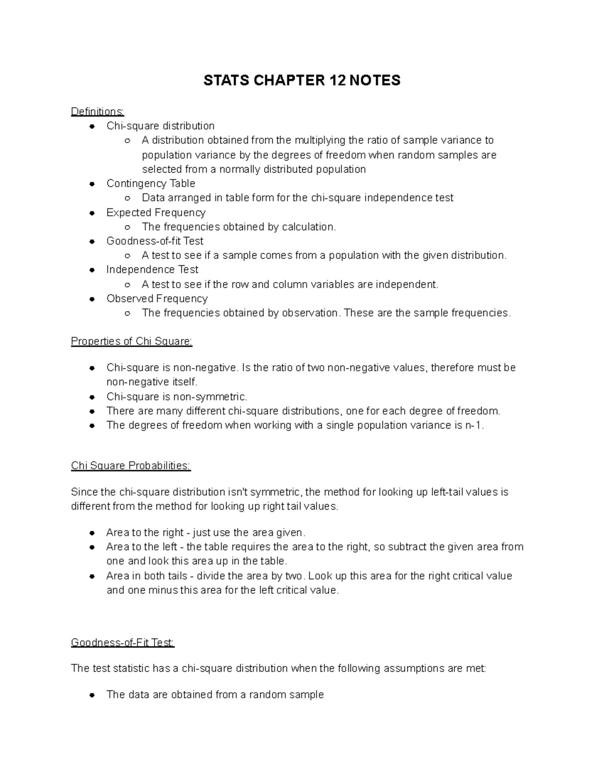 Stats chapter 12 notes - STATS CHAPTER 12 NOTES Definitions: Chi-square ...
