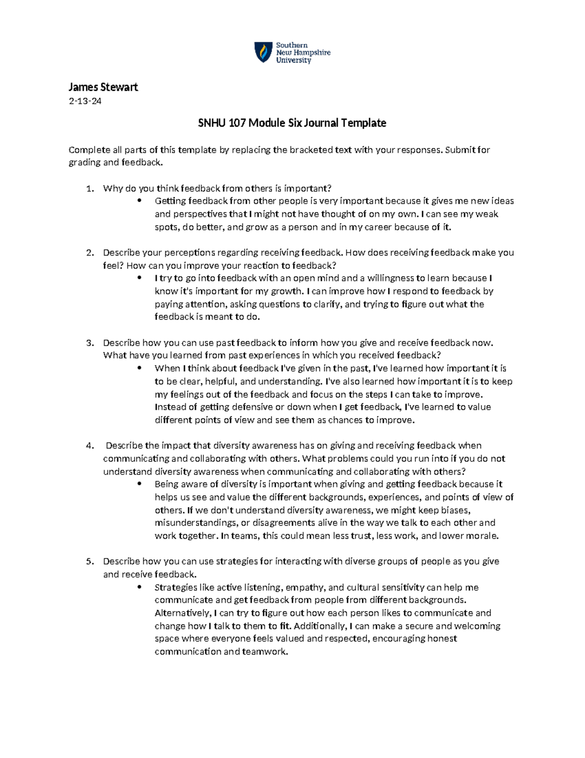 SNHU 107 Module Six Journal Template - James Stewart 2-13- SNHU 107 ...